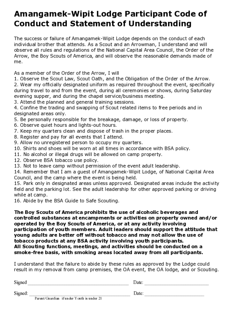 Fillable Online Amangamek-Wipit Lodge Participant Code of Conduct and ...