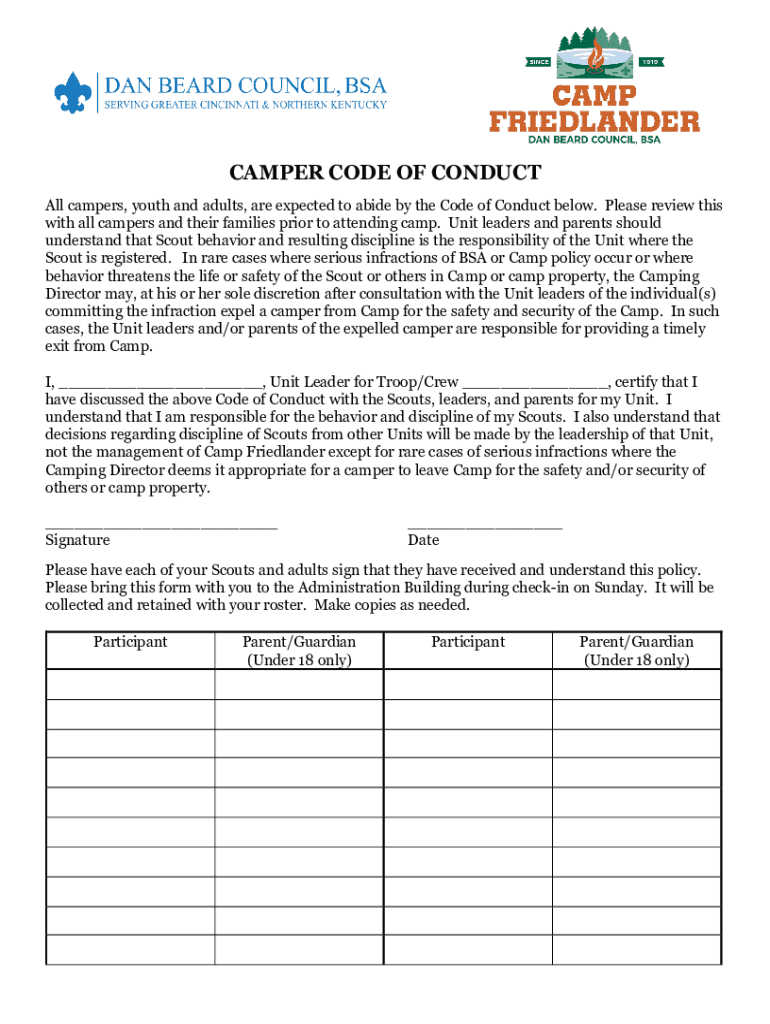 Fillable Online Camper and Parent Code of Conduct Fax Email Print ...