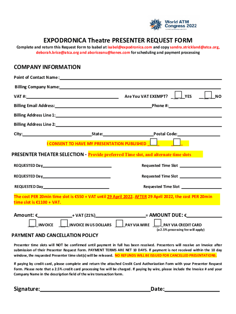 Fillable Online EXPODRONICA Theatre PRESENTER REQUEST FORM Fax Email ...