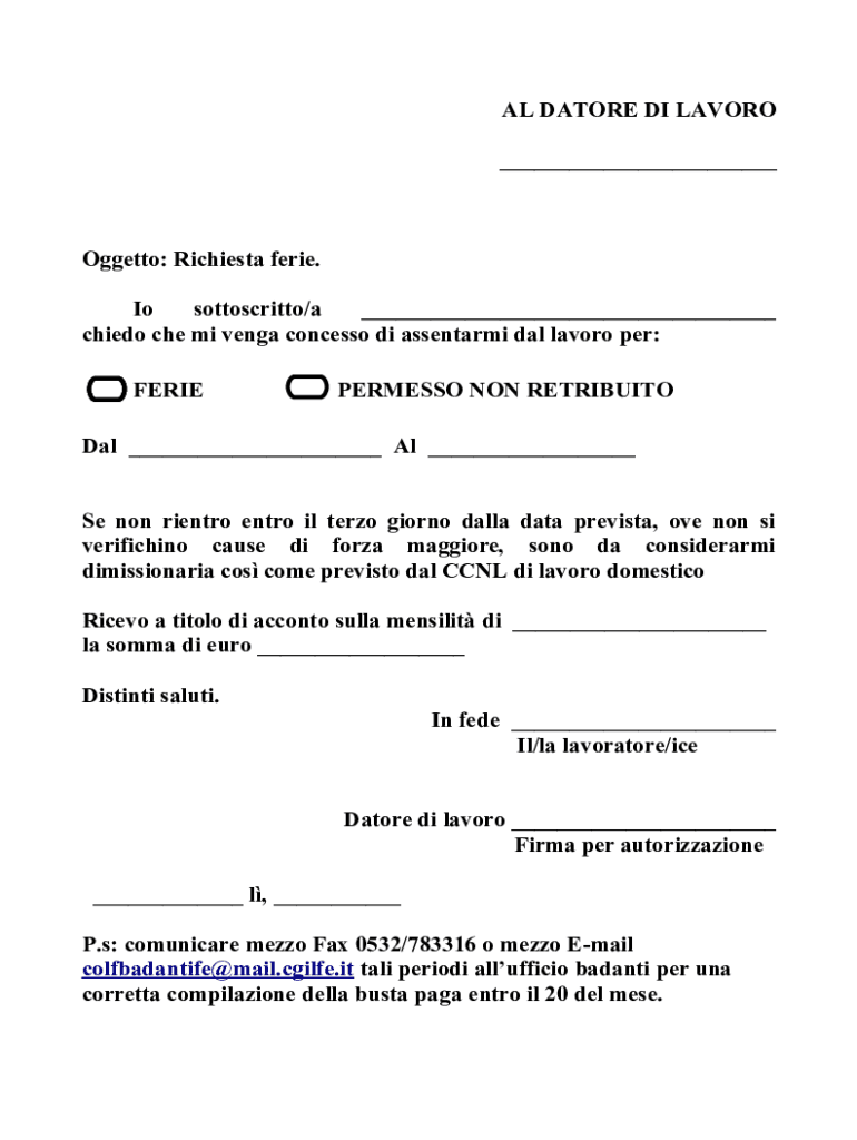 Compilabile Online Richiesta ferie: come chiedere le ferie al datore di ... Fax Email Stampa ...