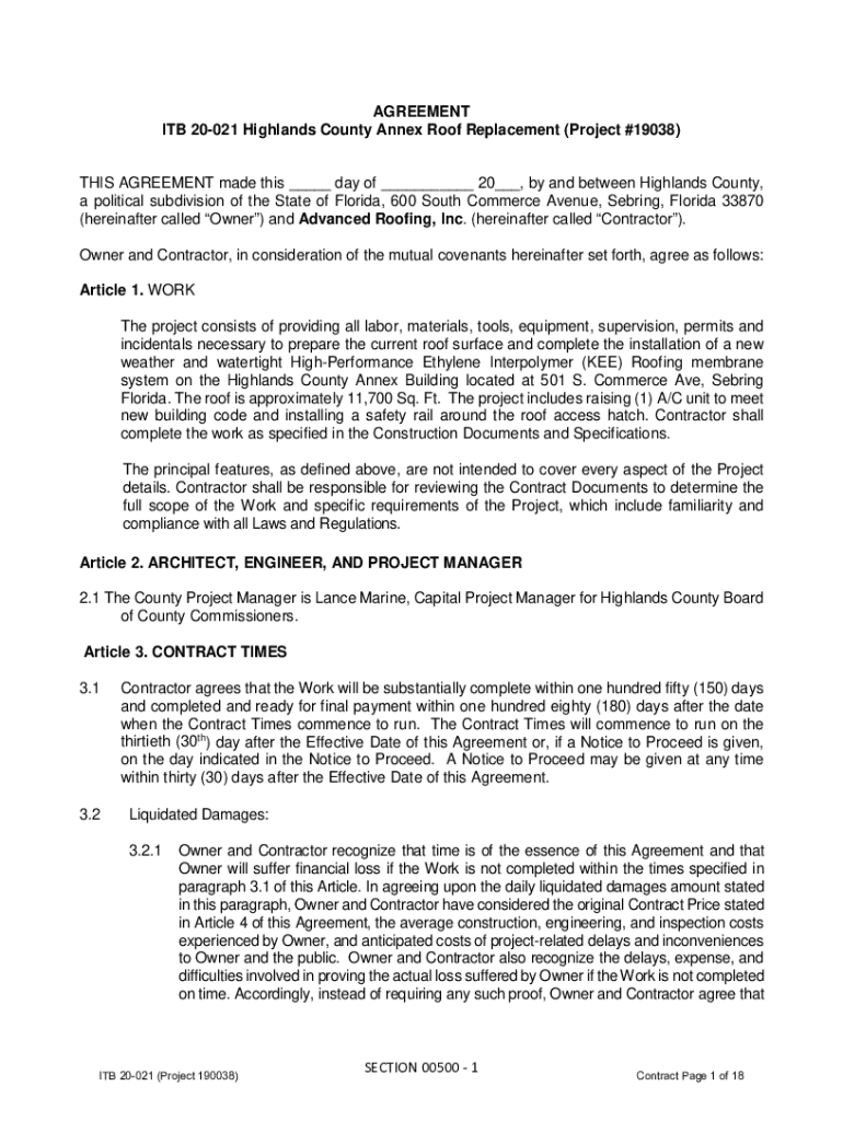 Fillable Online 1 AGREEMENT ITB 20-021 Highlands County Annex Roof ...