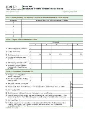 Fillable Online tax idaho Form 49R Recapture of Idaho Investment Tax ...