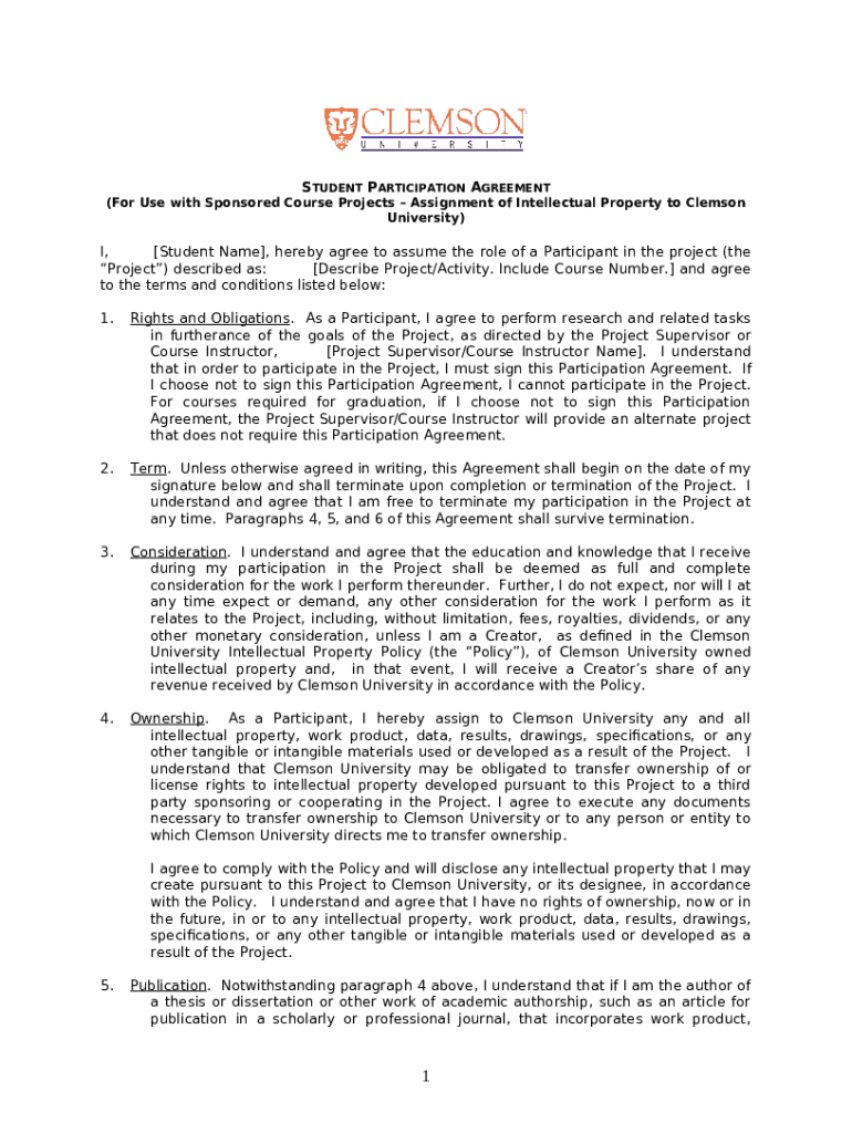 Special Intellectual Property Agreement for Students ... - ci clemson ... Special Intellectual Property Agreement for Students ... - ci clemson ...