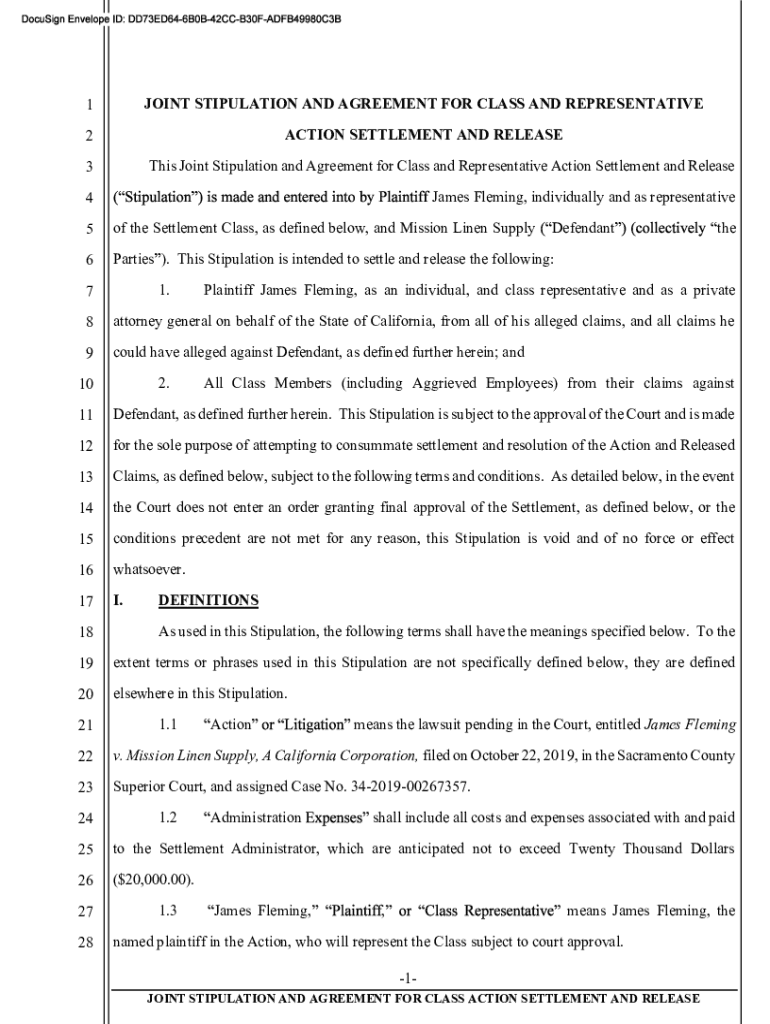 Fillable Online Joint Stipulation of Class Action Settlement and ...