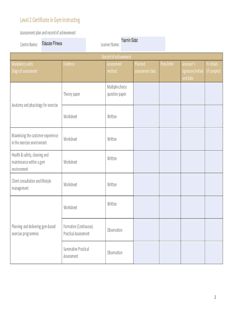 Fillable Online Active IQ Level 2 Certificate in Gym Instructing Fax ...