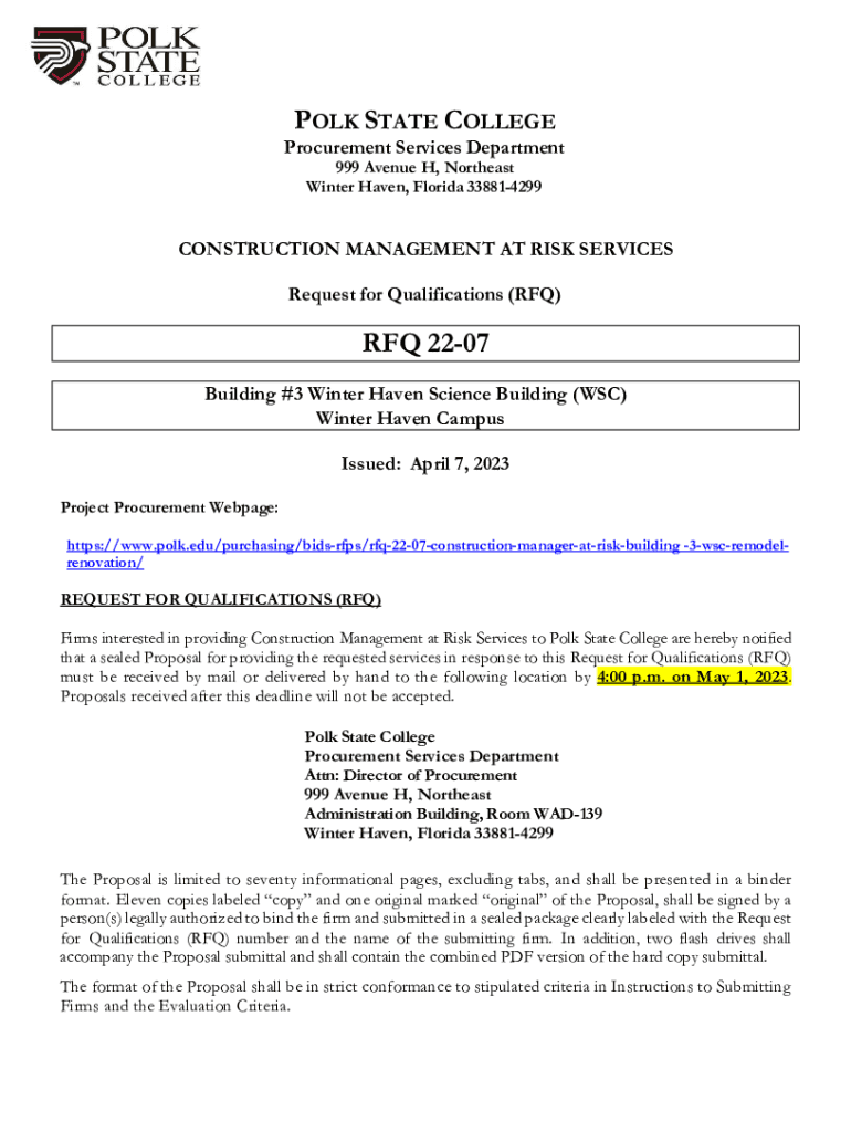 Fillable Online Request for Qualifications RFQ #16-02 for Construction ...
