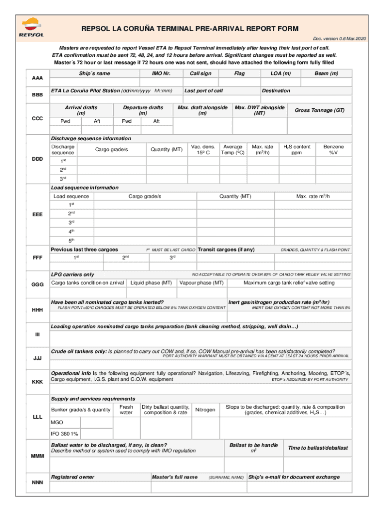 Fillable Online Repsol La Corua terminal pre-arrival report form Fax Email Print - pdfFiller