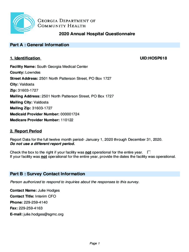Fillable Online 2020 Annual Hospital Questionnaire Part A : General ...