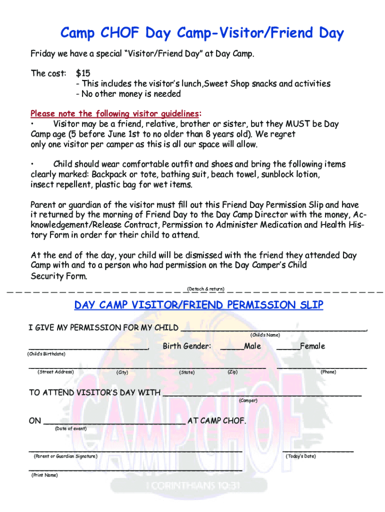 Fillable Online Get the free Camp CHOF Day Camp-Visitor/Friend Day Fax ...