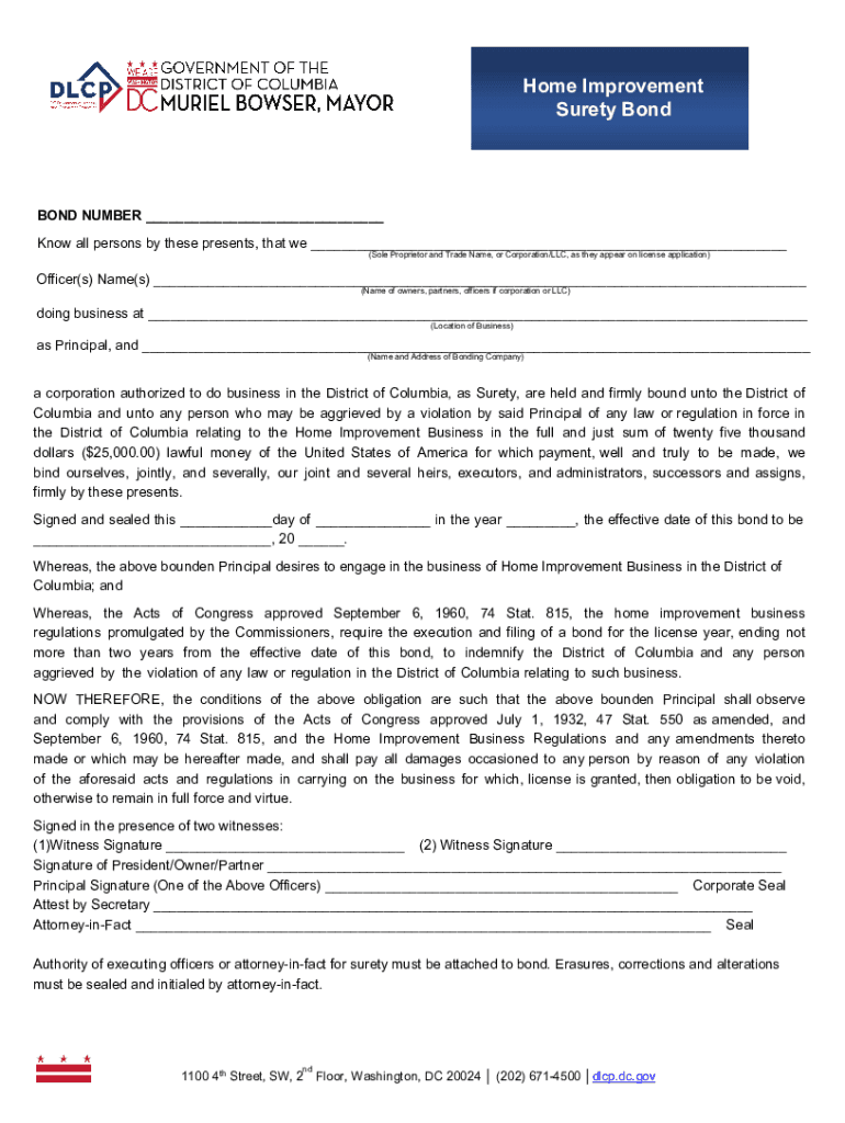 Fillable Online Home Improvement Surety Bond - Washington, DC - DCRA ...