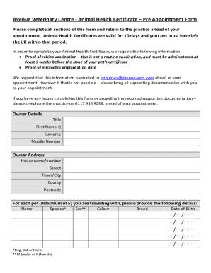 Fillable Online Animal Health CertificatePre Appointment Form 00 ...