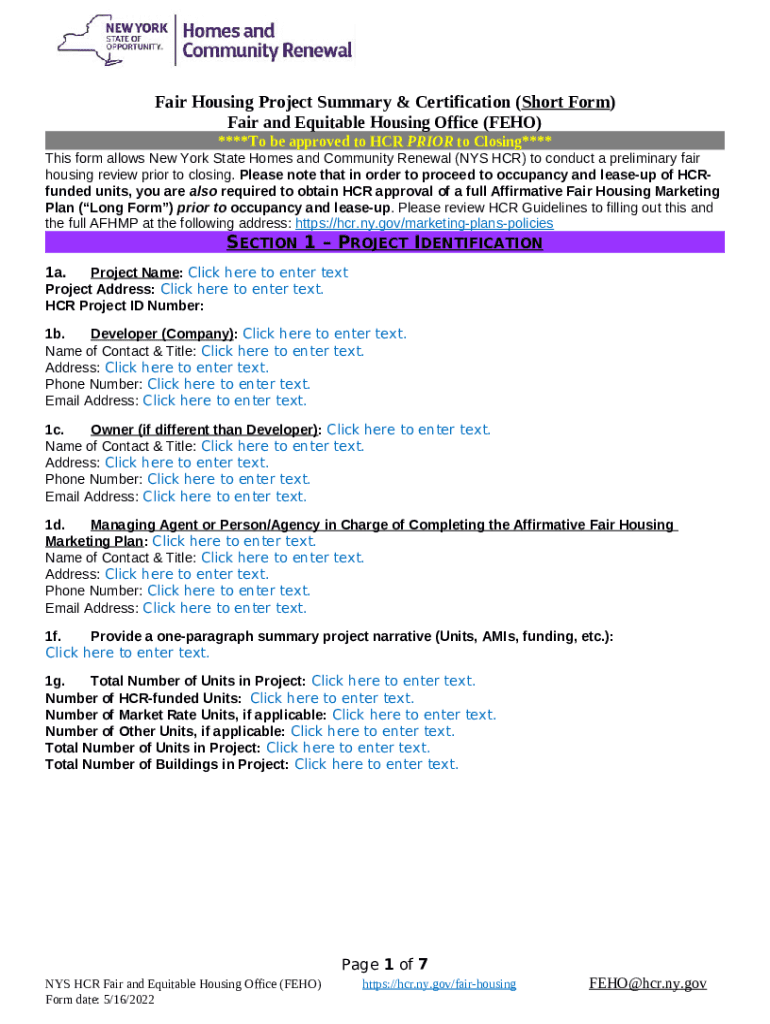 DOC I- FEHO Short - Project Summary and Certification 2.2020 v.1 JG Doc ...