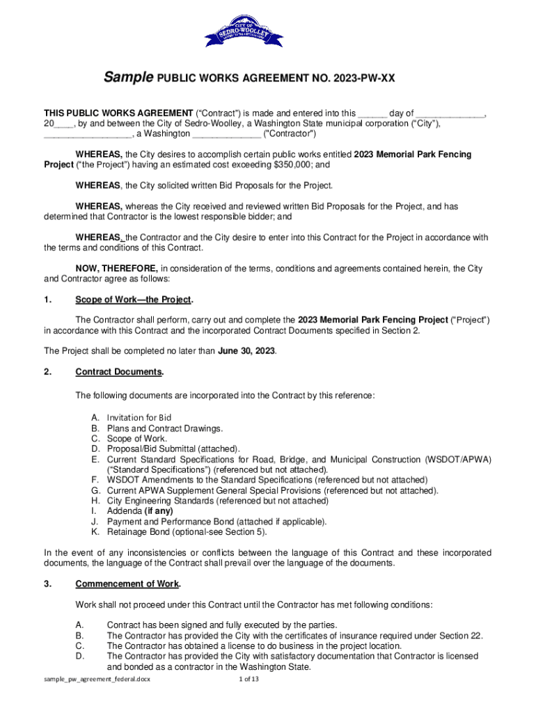 Fillable Online public works agreement by and between the city of ...