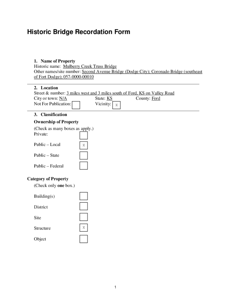 Fillable Online khri kansasgis Historic Bridge Recordation Form Fax ...