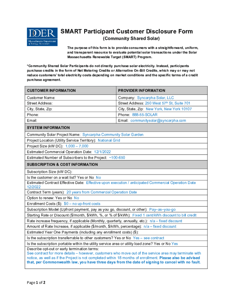 Fillable Online SMART: Solar Customer Disclosure Forms - Comments Fax ...