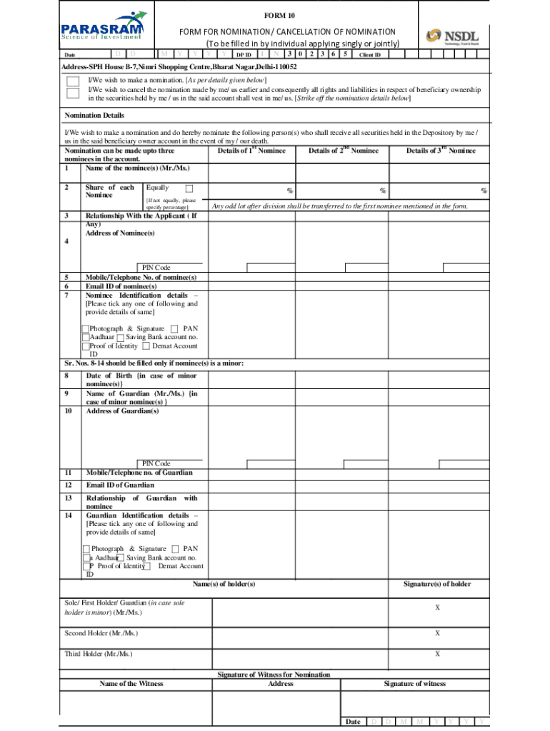 Fillable Online FORM 10 FORM FOR NOMINATION / CANCELLATION OF ... Fax ...