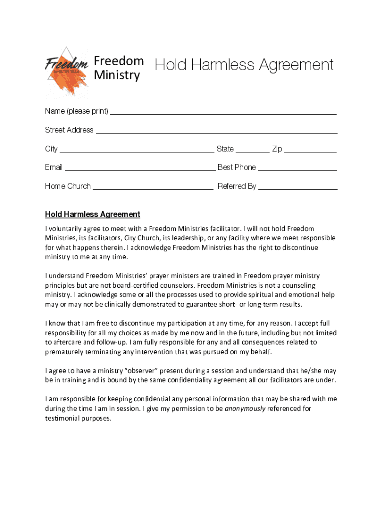 Fillable Online Freedom Ministey - Hold Harmless Agreement.docx Fax ...