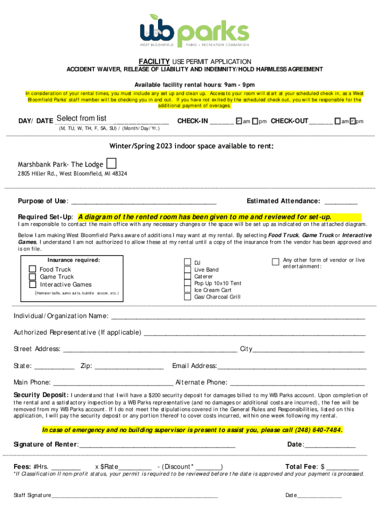 Fillable Online WB Parks Field Rental Application TERMS OF AGREEMENT ...