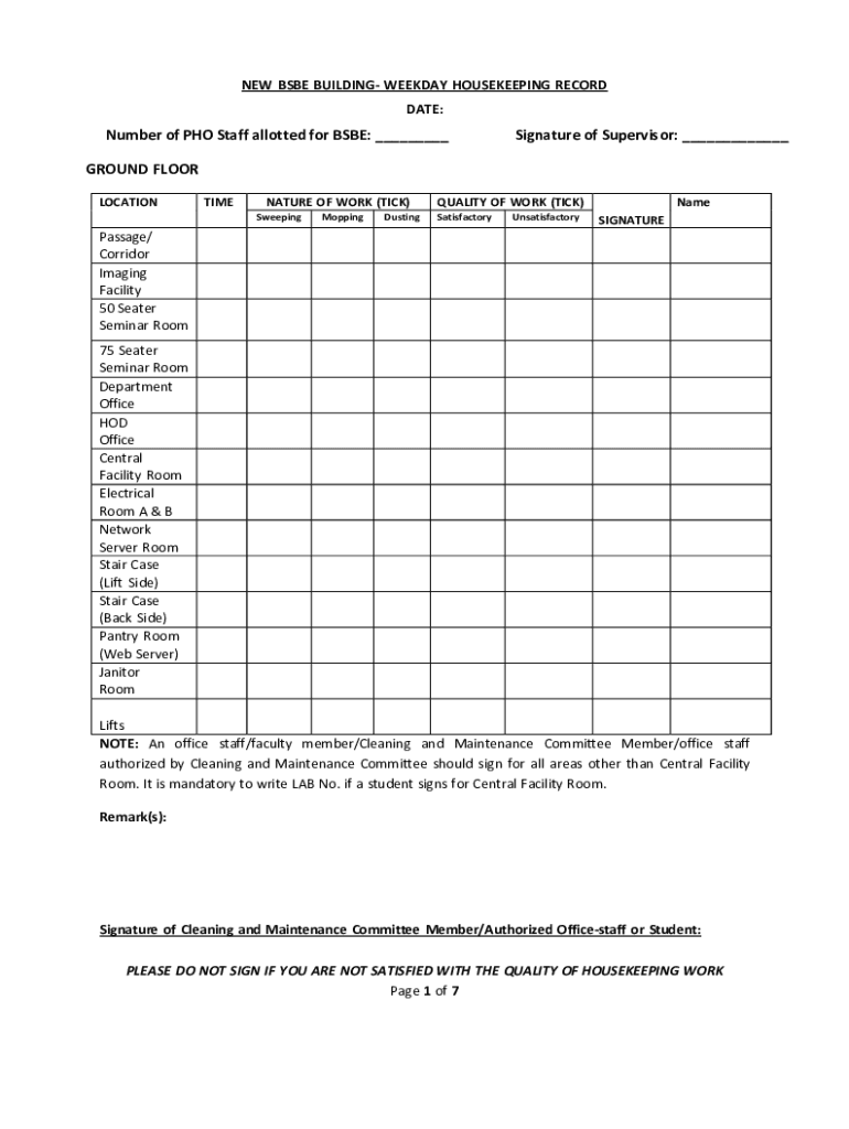 Fillable Online new bsbe building- weekday housekeeping record date Fax ...