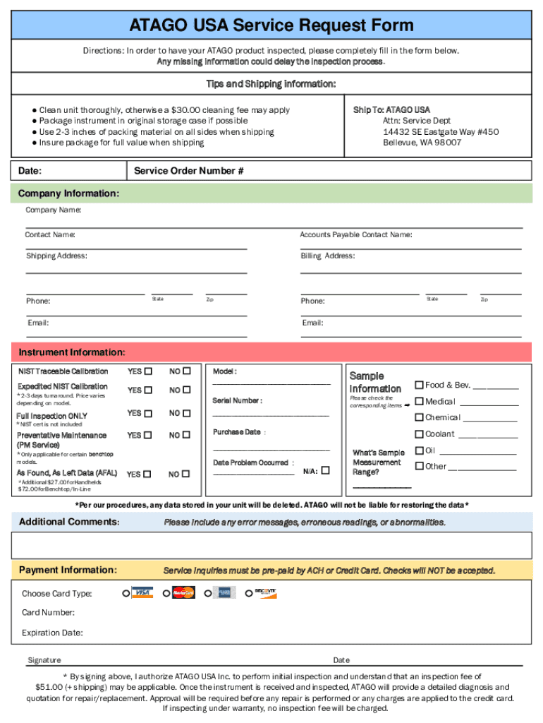 Fillable Online Fillable Online ATAGO USA Service Request Form Fax ...