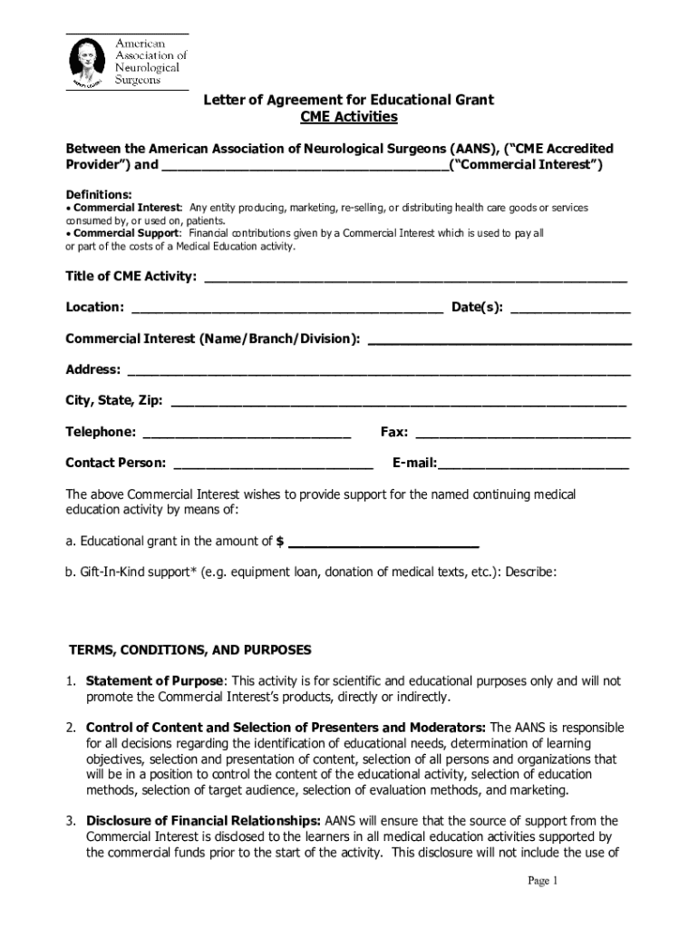 Fillable Online Letter of Agreement for Educational Grant CME ...