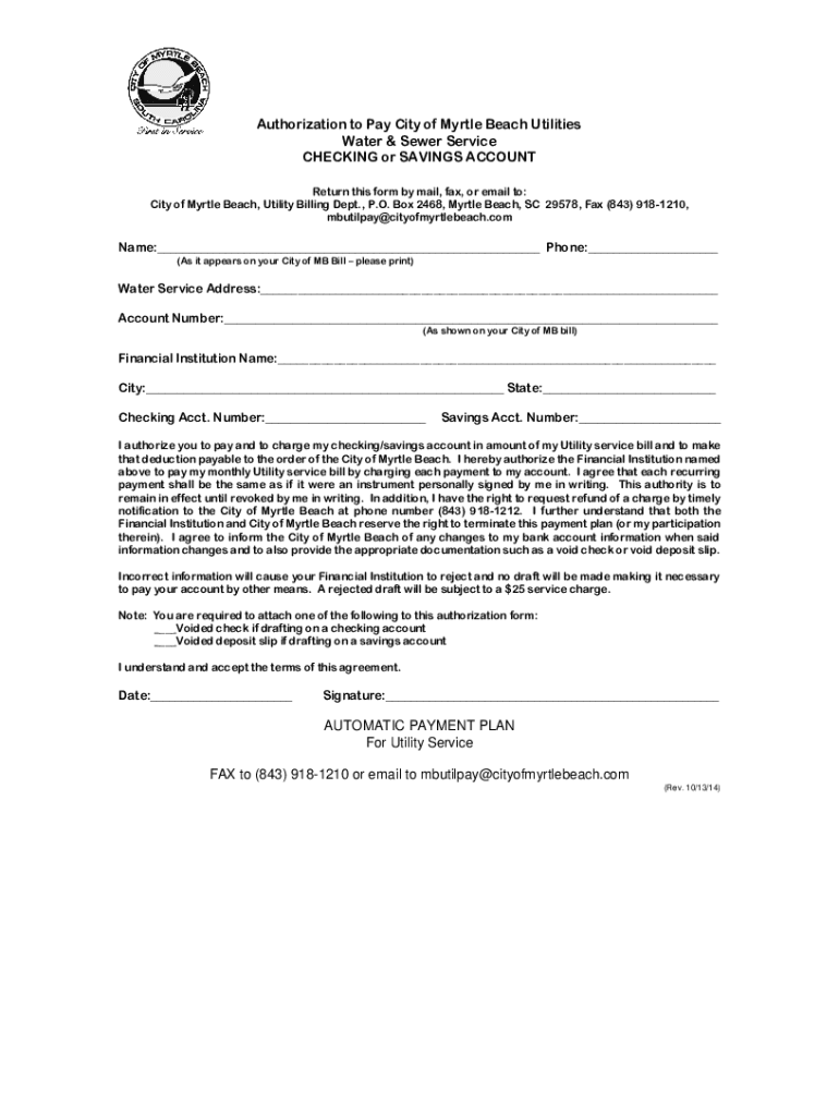 Fillable Online Authorization to Pay City of Myrtle Beach Utilities Water & ... Fax Email Print ...