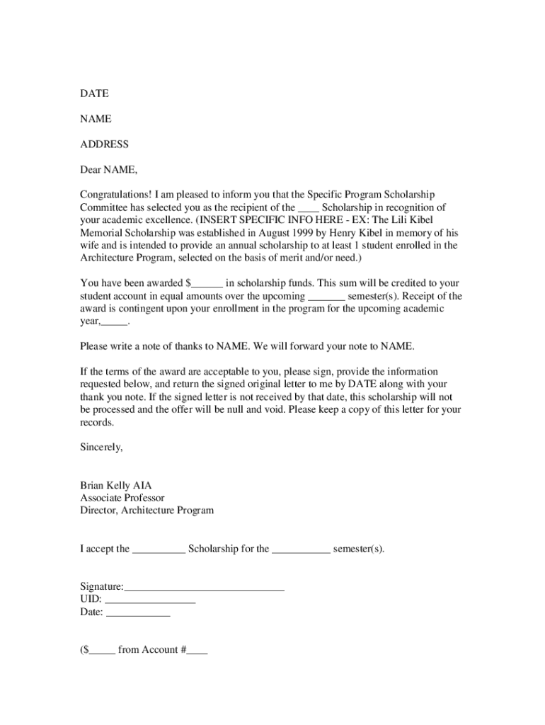 Fillable Online arch umd Donor Scholarship Letter Template Fax Email ...