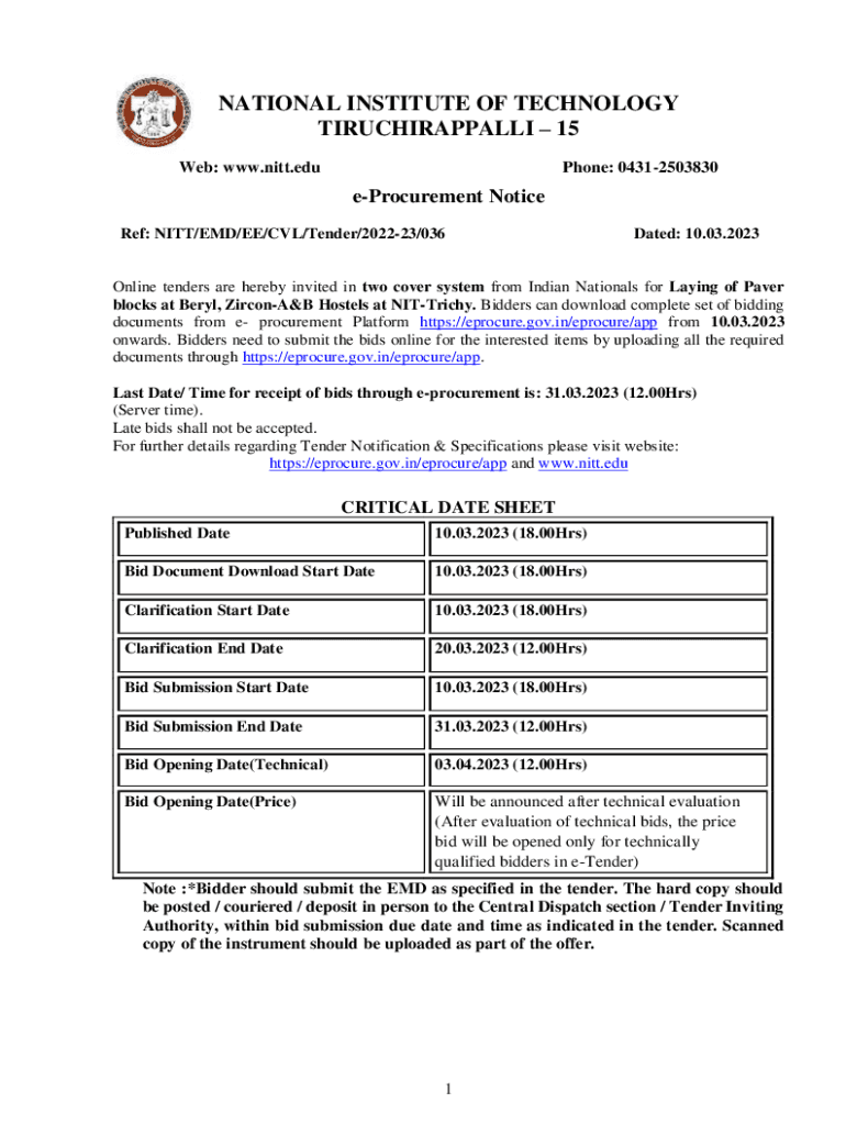 Fillable Online Fillable Online NITT/EMD/EE/AE(E)/Tender Notice/Enq.No Fax Email Print - pdfFiller