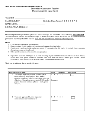 Fillable Online Secondary Classroom Teacher Parent/Guardian Input Form ...