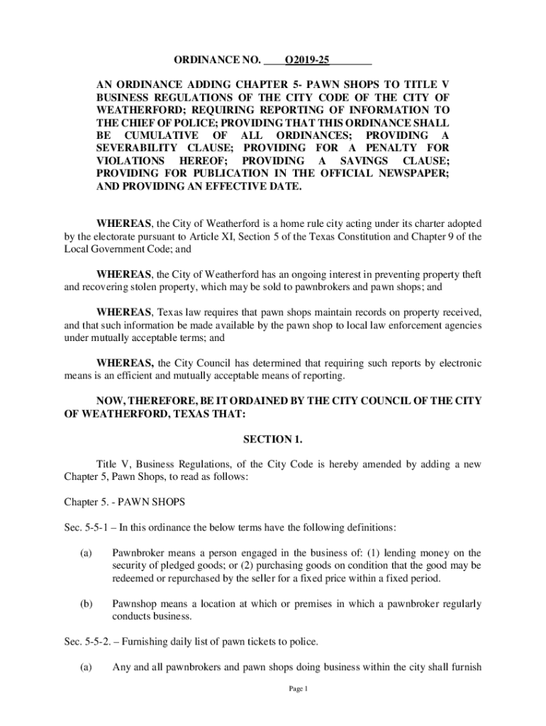Fillable Online Consider approving ordinance O2019-25 adding chapter 5 - Pawn ... Fax Email ...
