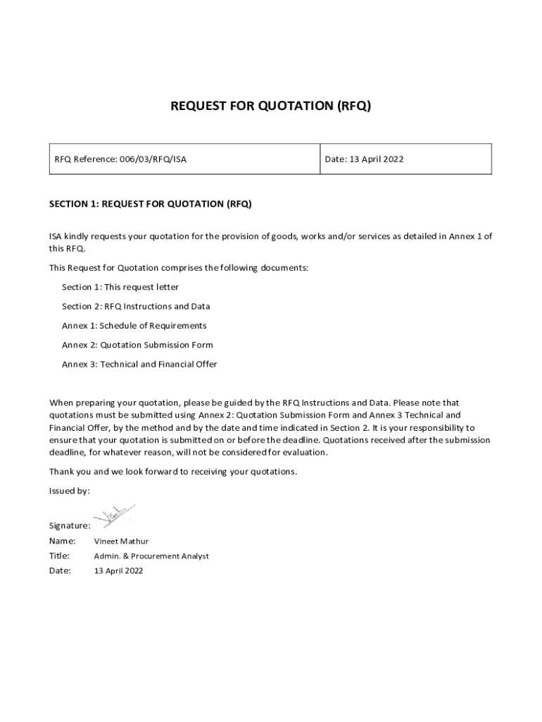 Fillable Online RFQ Reference: 006/03/RFQ/ISA Fax Email Print - pdfFiller