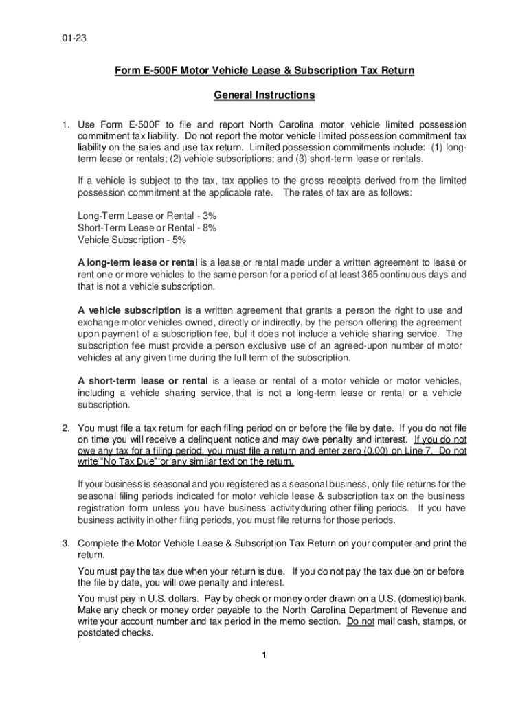 Fillable Online Form E-500F Motor Vehicle Lease & Subscription Tax ...