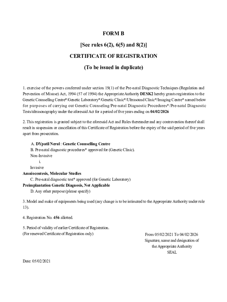 Fillable Online FORM B See rules 6(2), 6(5) and 8(2) CERTIFICATE OF ...