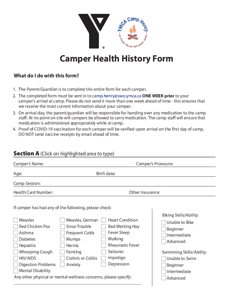 Fillable Online Camper Health History FORM 1 Fax Email Print - pdfFiller