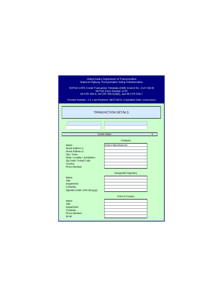 Fillable Online Form Nhtsa Form 1475 Nhtsa Form 1475 Nhtsa Cafe Credit Transaction Template Fax
