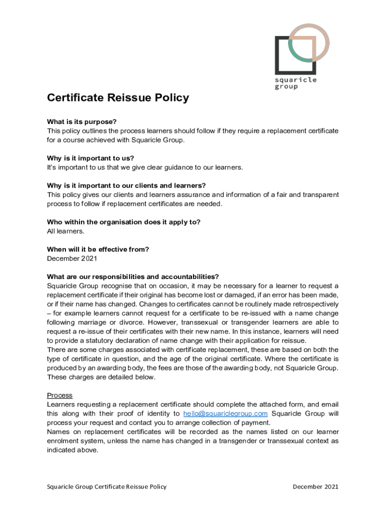Fillable Online Squaricle Group Certificate Reissue Policy.docx Fax Email Print - pdfFiller