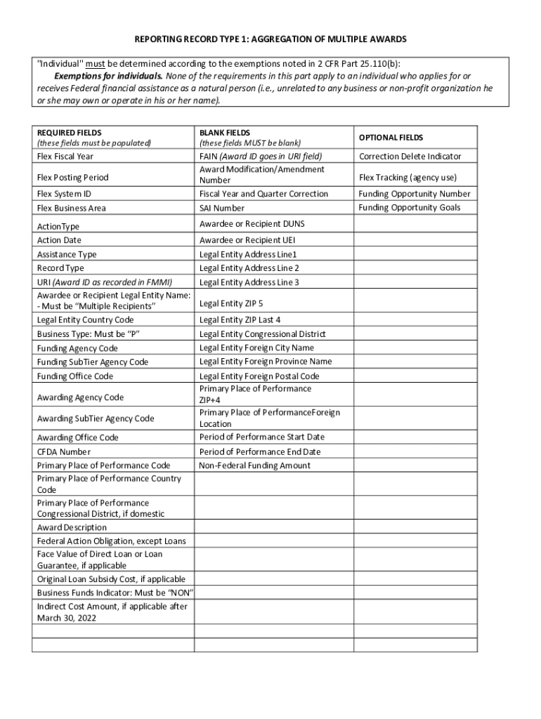 Fillable Online reporting record type 1: aggregation of multiple awards Fax Email Print - pdfFiller