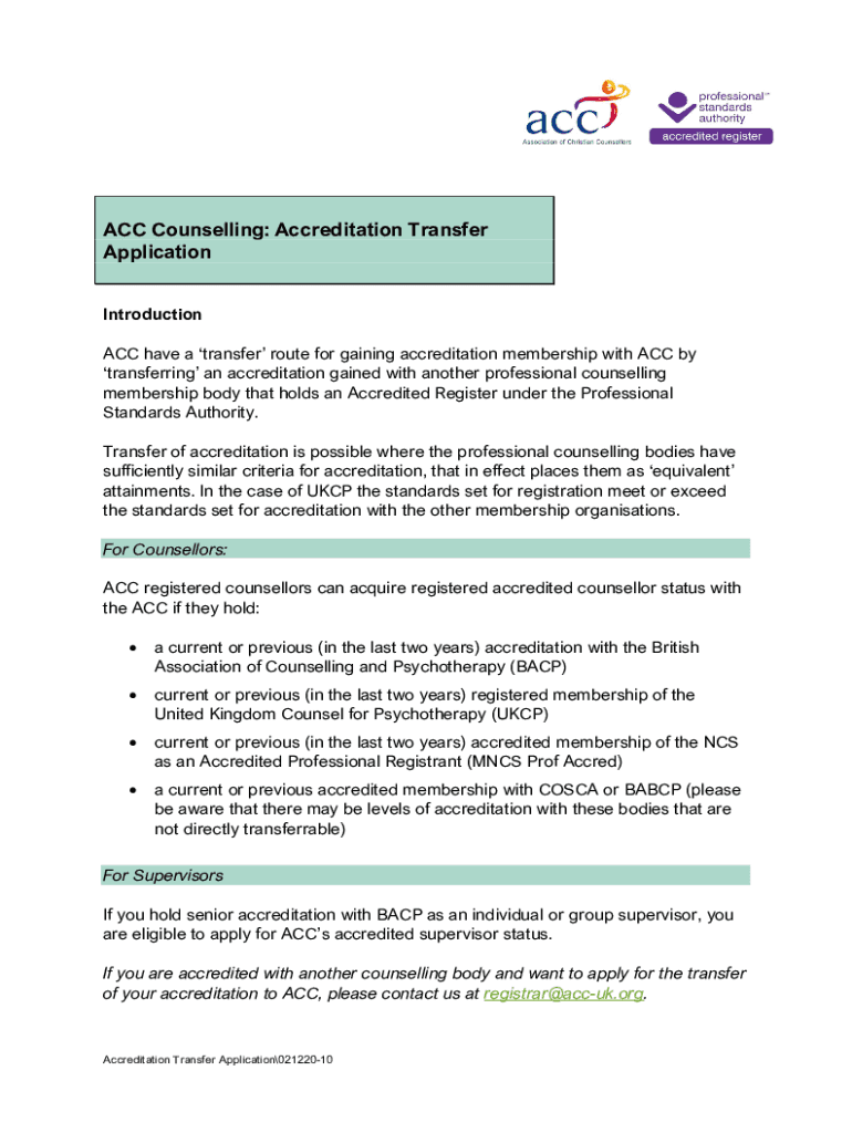 Fillable Online ACC Counselling: Accreditation Transfer Application Fax ...