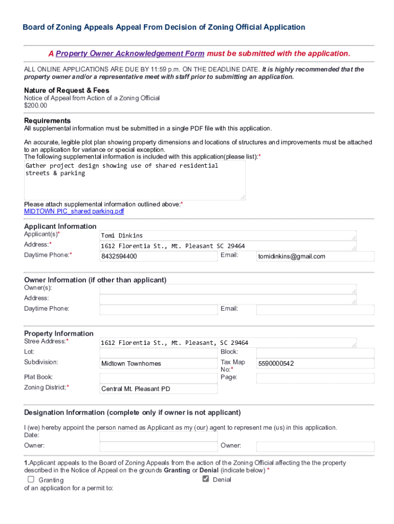 Fillable Online Board of Zoning Appeals Appeal From Decision of Zoning Official ... Fax Email ...