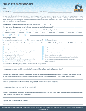 Fillable Online Pet Calls Animal Hospital PRE-VISIT QUESTIONNAIRE Fax ...
