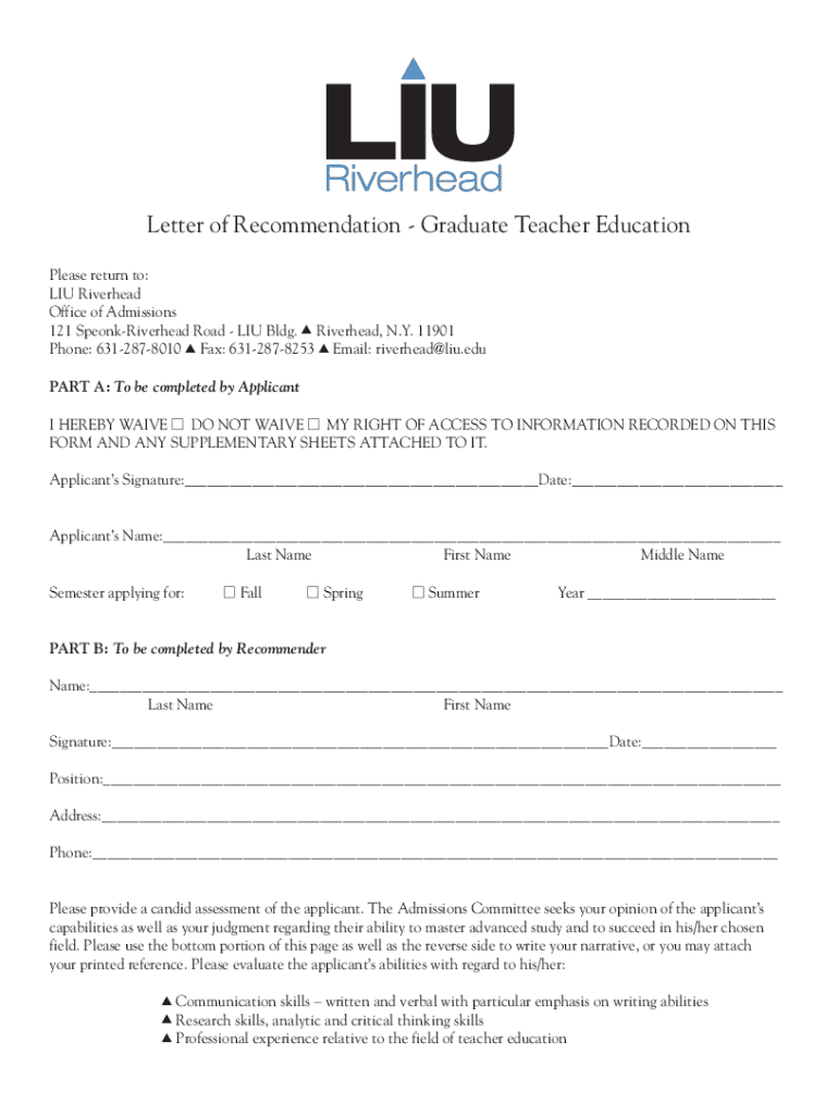 Fillable Online Letter of Recommendation - Graduate Teacher Education Fax Email Print - pdfFiller
