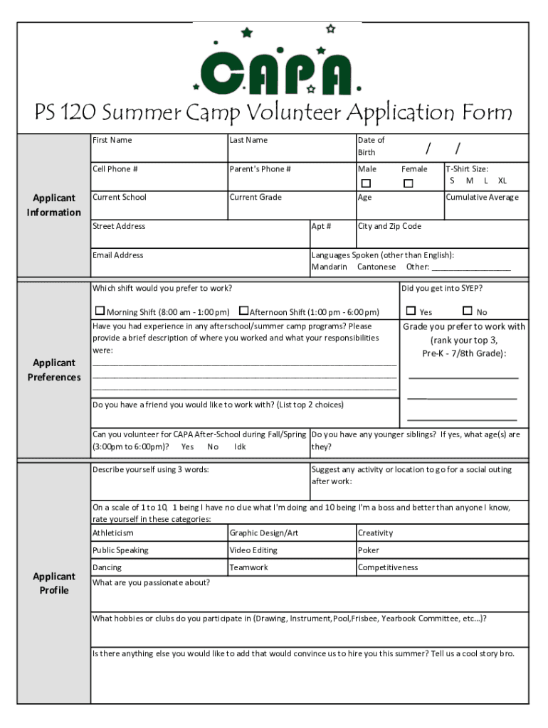 Fillable Online PS 120 Summer Camp Volunteer Application Form Fax Email Print - pdfFiller