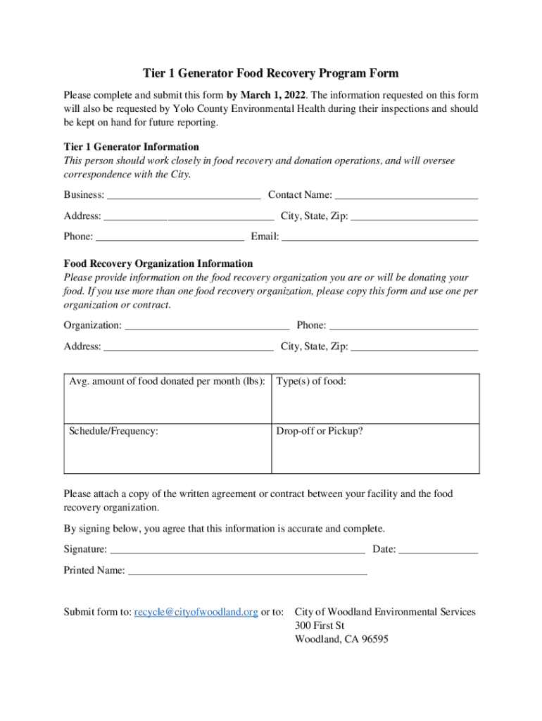 Fillable Online Tier 1 Generator Food Recovery Program Form Fax Email ...