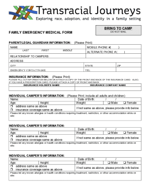 Fillable Online FAMILY EMERGENCY MEDICAL FORM BRING TO CAMP Fax Email ...