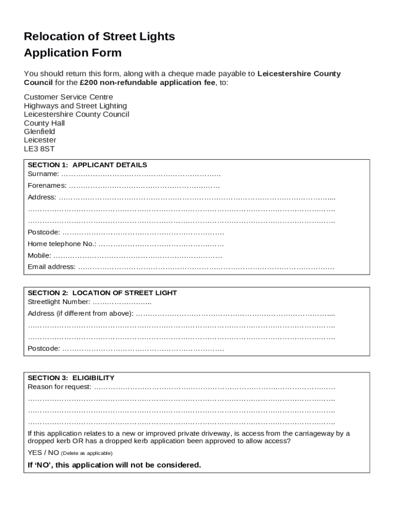 Relocation of street lights application Doc Template | pdfFiller
