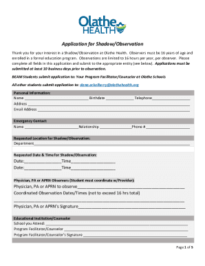 Fillable Online Application for Job Shadow Observation Fax Email Print ...