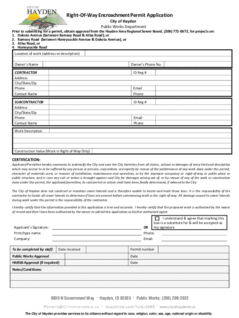 Fillable Online Right-of-Way Encroachment Permit Worksheet City of ...