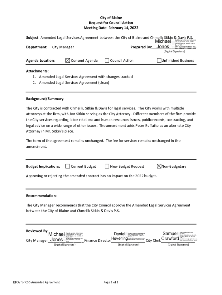 Fillable Online Amended Legal Services Agreement between the City of Blaine and ... Fax Email ...