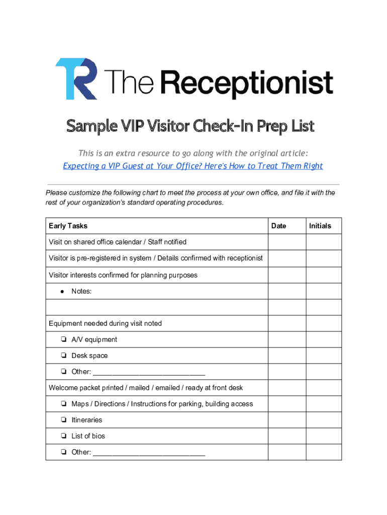 Fillable Online Sample VIP Visitor Check-In Prep List The Receptionist ...