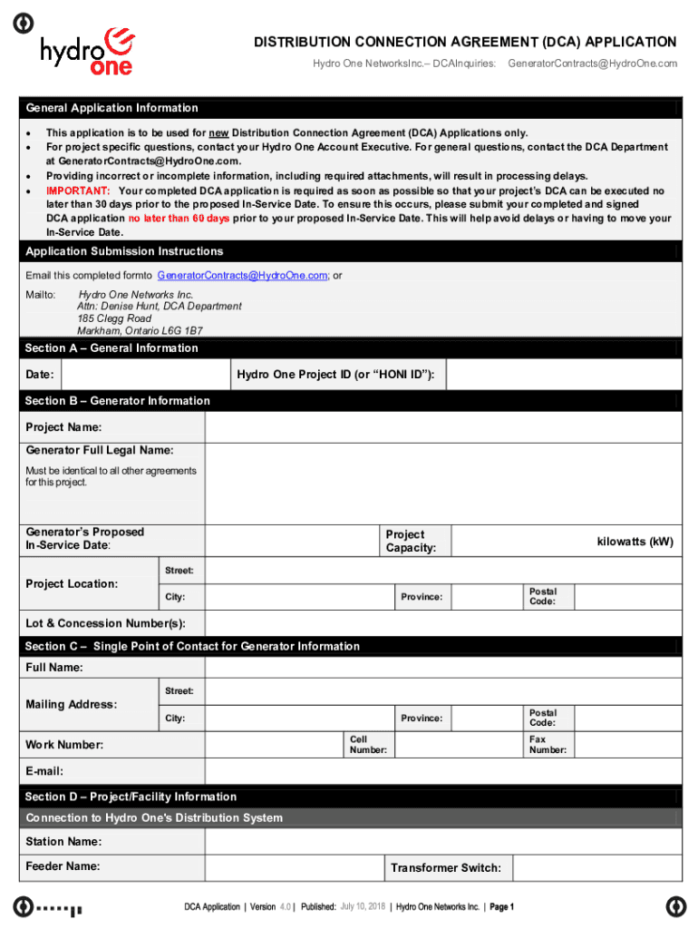 Fillable Online DISTRIBUTION CONNECTION AGREEMENT (DCA) APPLICATION ...
